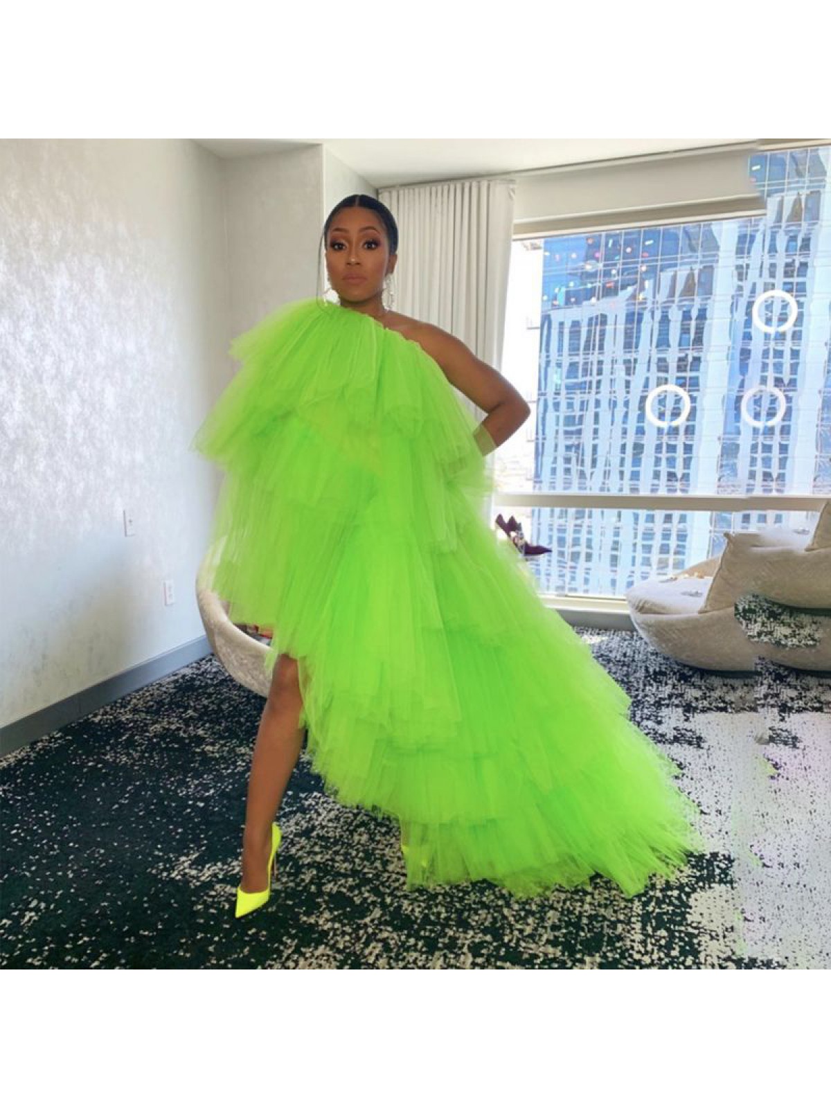 Chic Lemon Green Tutu Evening Dress 2022 One shoulder Short Front Long ...